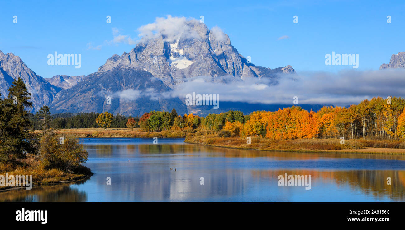Grand Teton National Park Mount Moran mountain range in Wyoming with ...