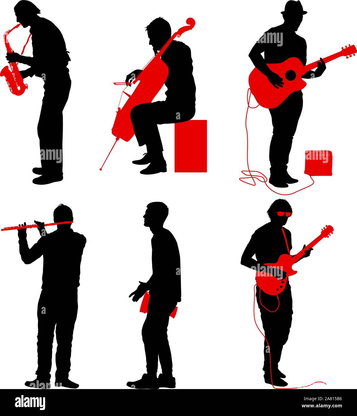 Silhouettes street musicians playing instruments on a white background ...