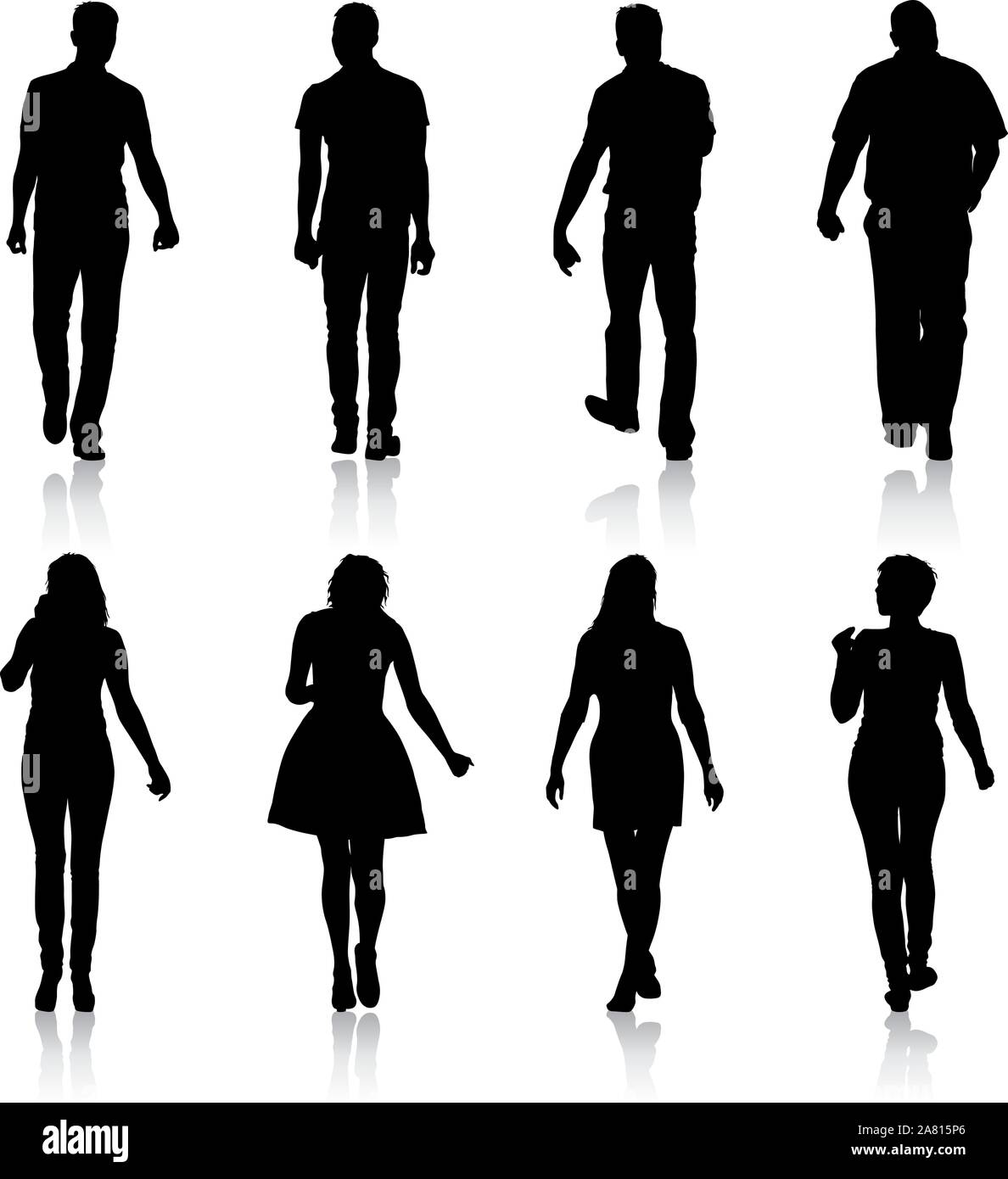 Black Silhouette Group Of People Standing In Various Poses Stock Vector