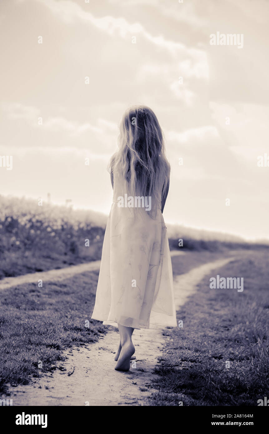 child in rural path leaving alone monochrome Stock Photo - Alamy