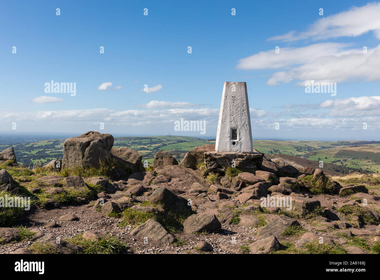 Trig point at the top of The Roaches, Peak District National Park ...