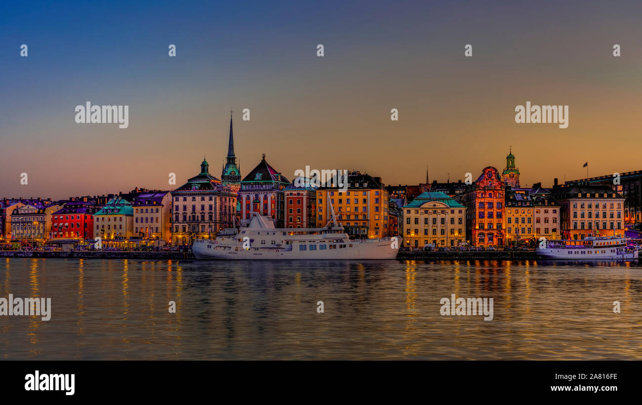 The Gamla Stan waterfront skyline at night in Stockholm, Sweden Stock ...