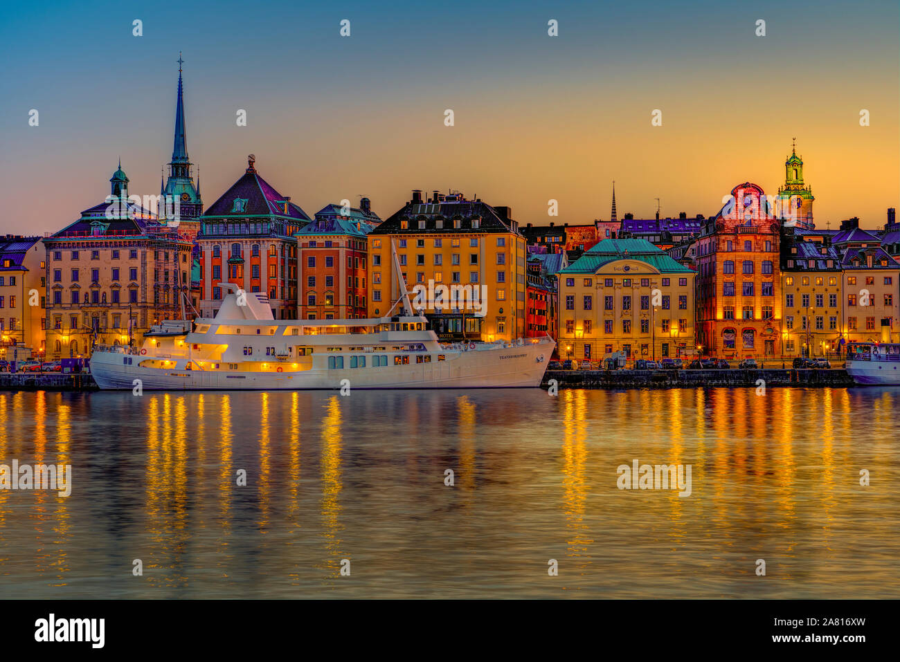 The Gamla Stan waterfront skyline at night in Stockholm, Sweden Stock ...