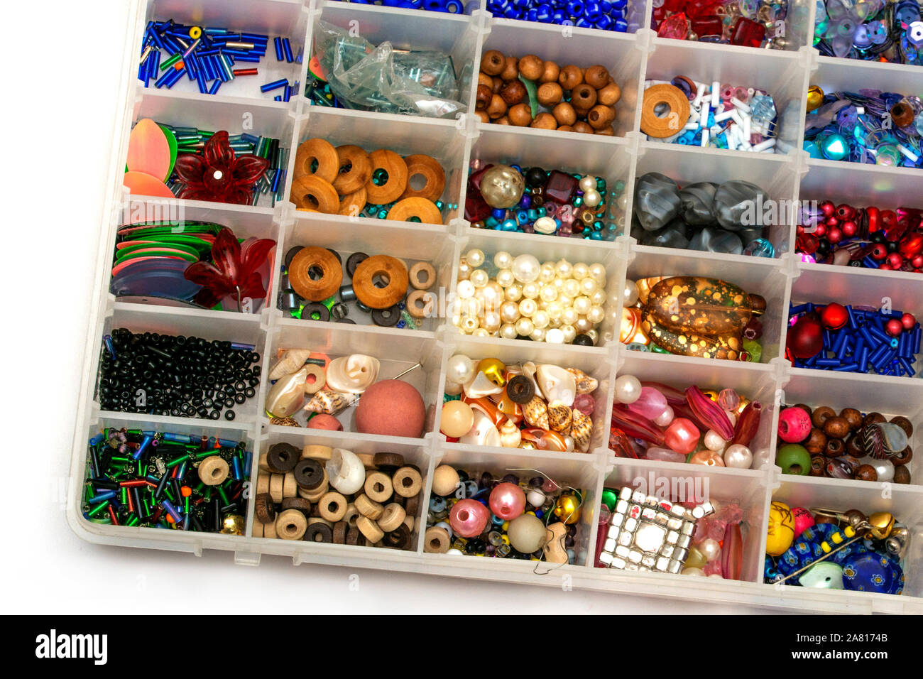 Handicraft box with colored glass and plastic bead Stock Photo - Alamy