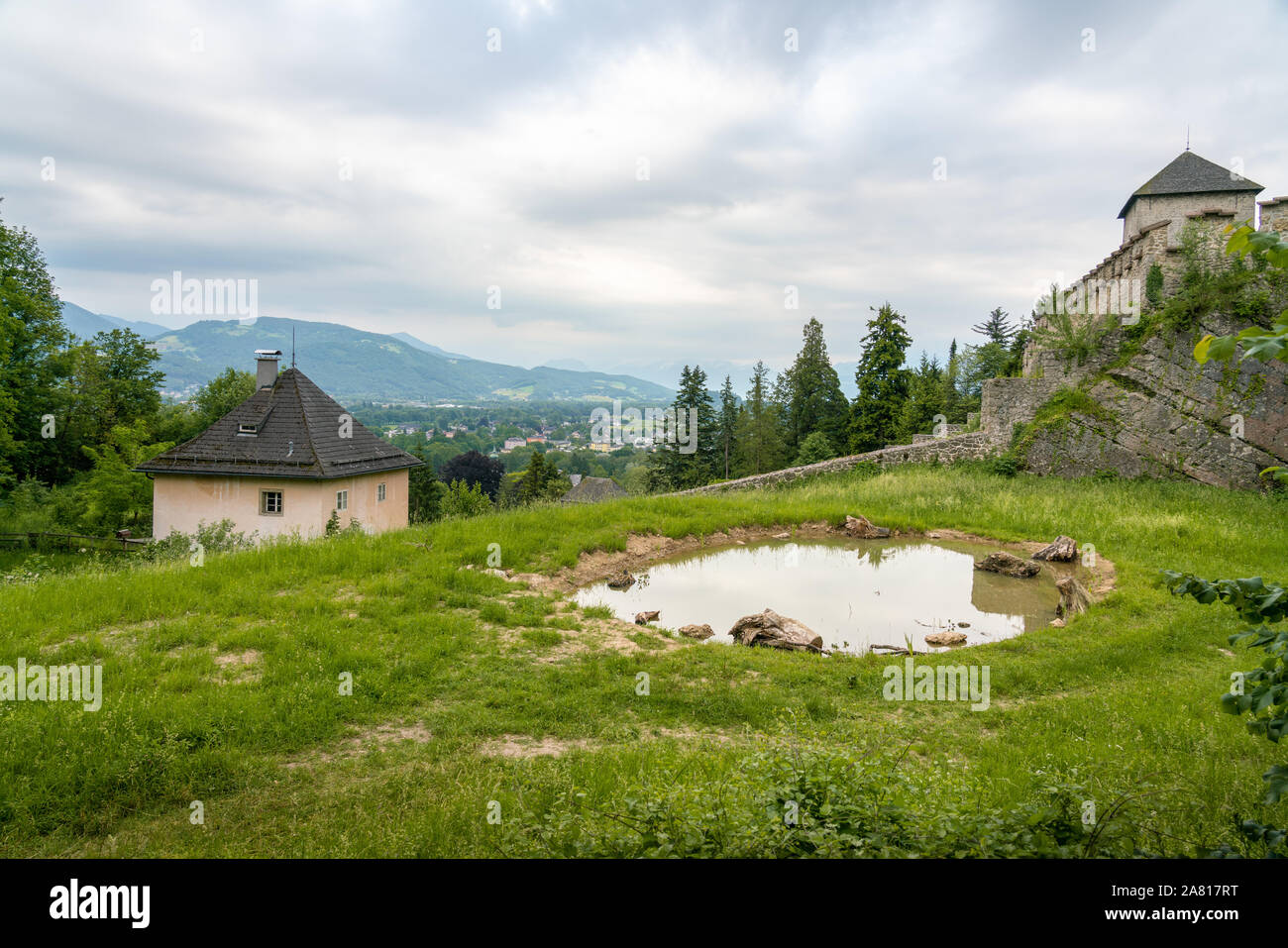Natural and medieval landscape in a castle ruin walls area, with a ...