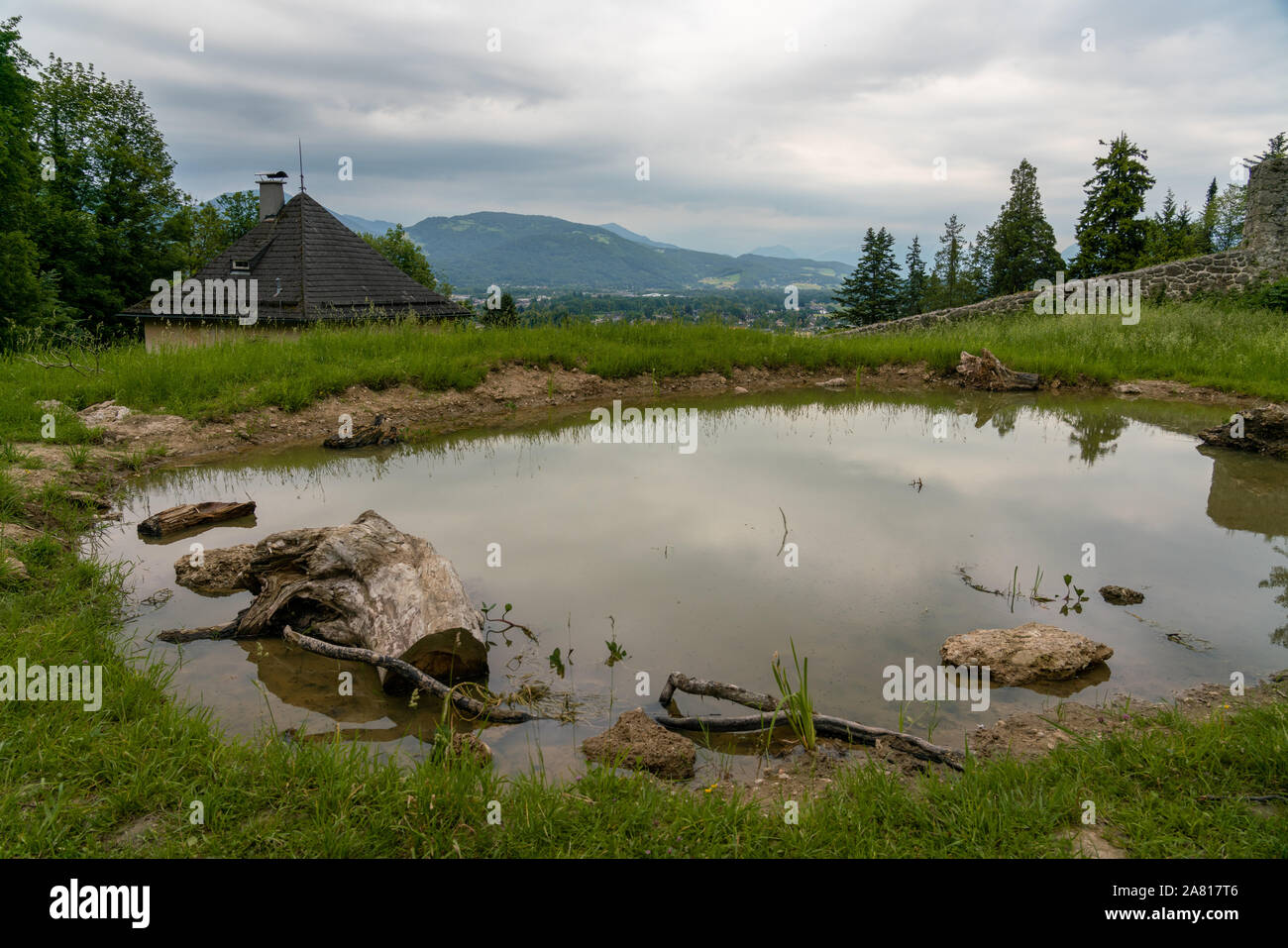 Natural and medieval landscape in a castle ruin walls area, with a ...