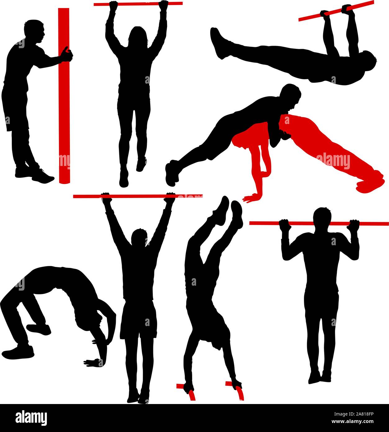 Set of acrobats in different stances silhouette on a white background ...