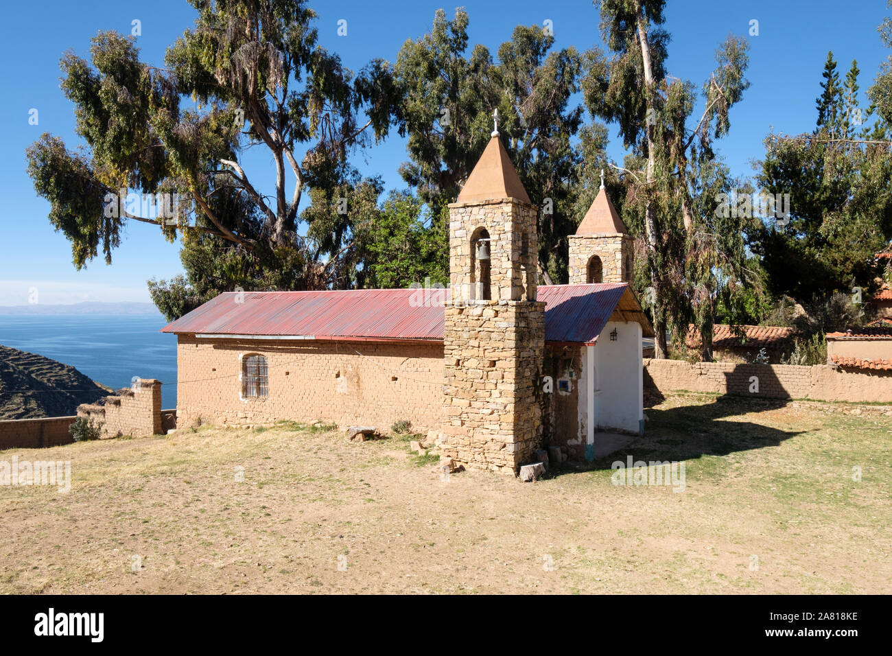 Small Christian church at Island of the Sun in Lake Titicaca, Bolivia ...