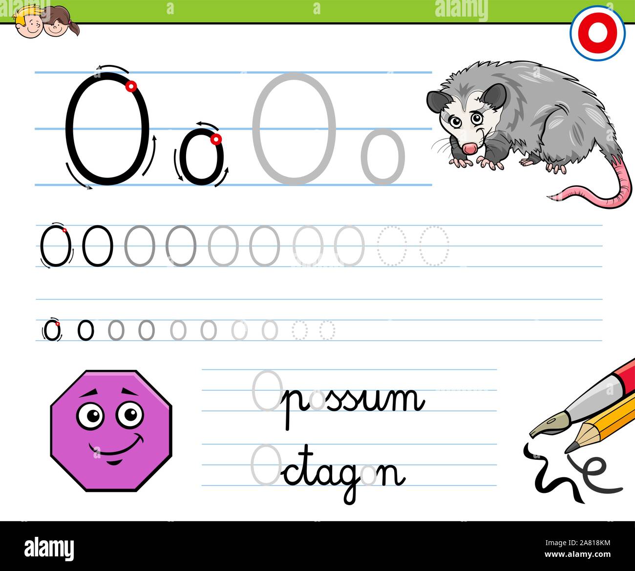 Cartoon Illustration of Writing Skills Practice Worksheet with Letter O ...