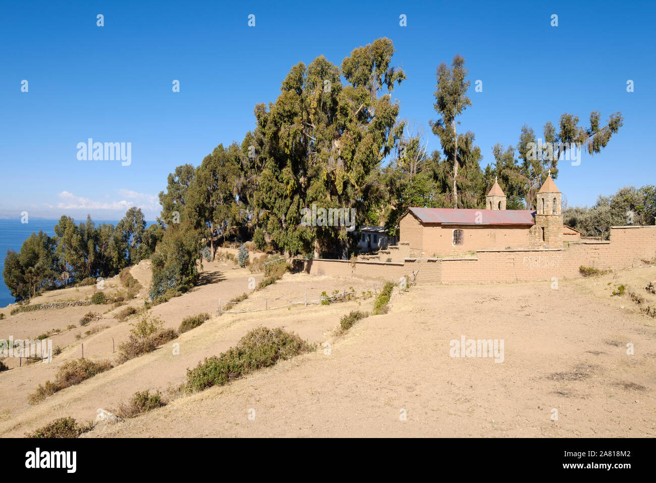 Small Christian church at Island of the Sun in Lake Titicaca, Bolivia ...