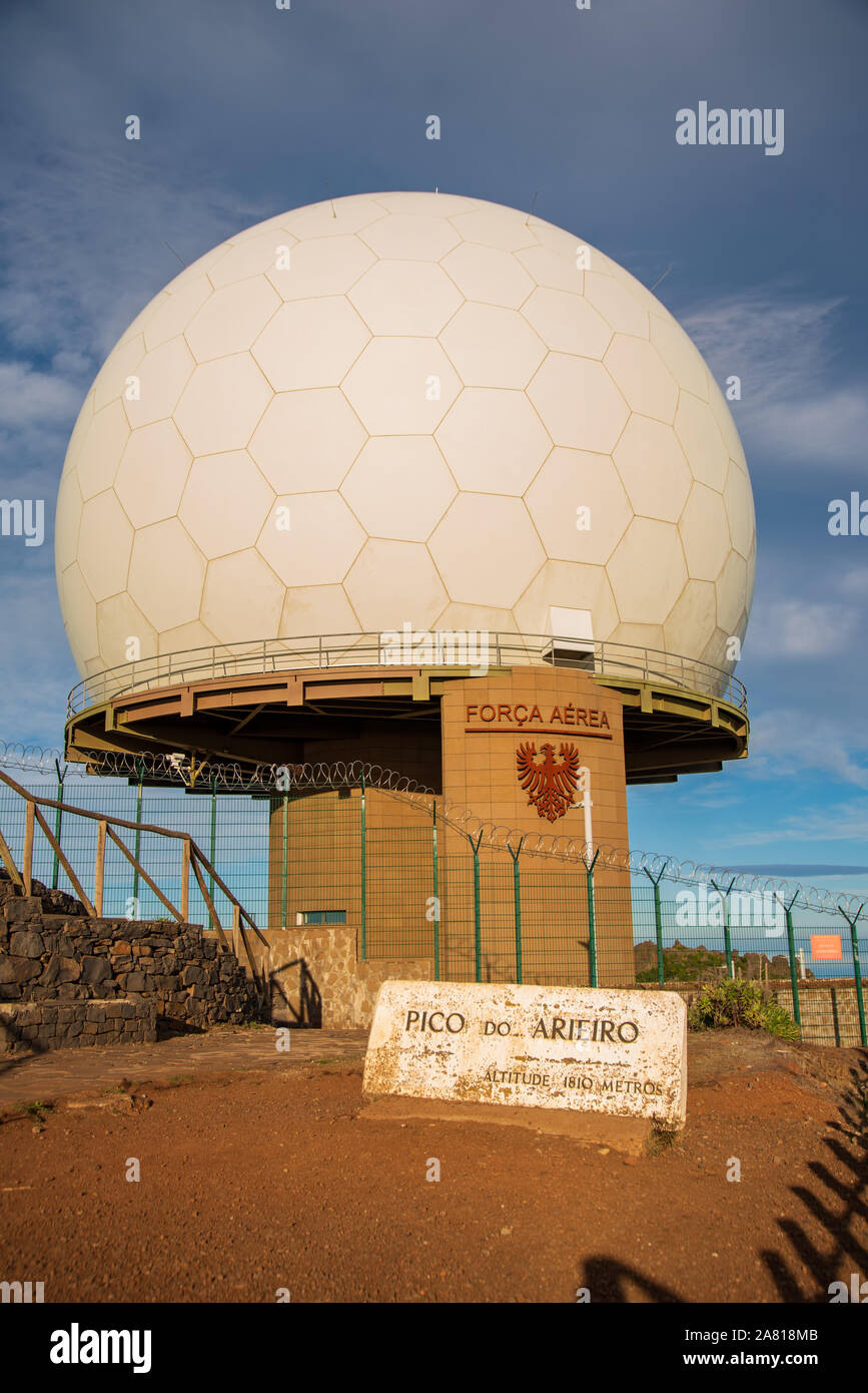 Radar station at Pico do Arieiro, Madeira, with a distinctive large ...