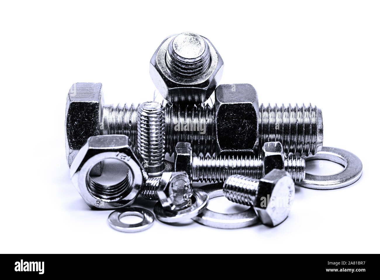 Metal screws and nuts in front of white background Stock Photo - Alamy