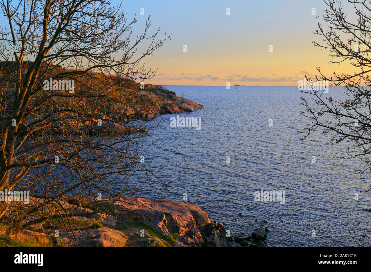 View to Gulf of Finland at sunset time in October with peaceful blue ...