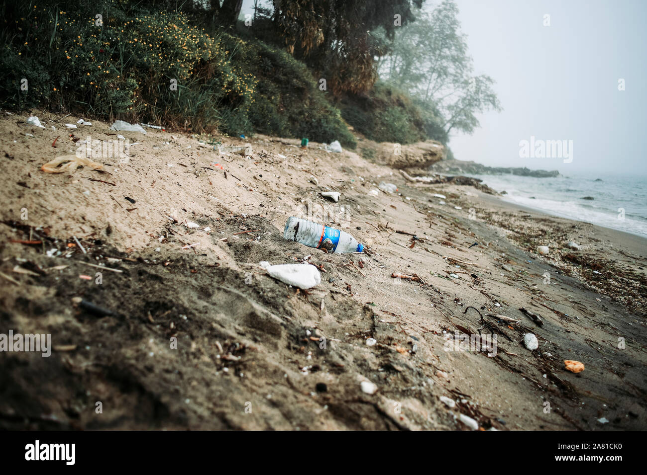 Environmental disaster, Sand beach full of wastes and plastics Stock ...