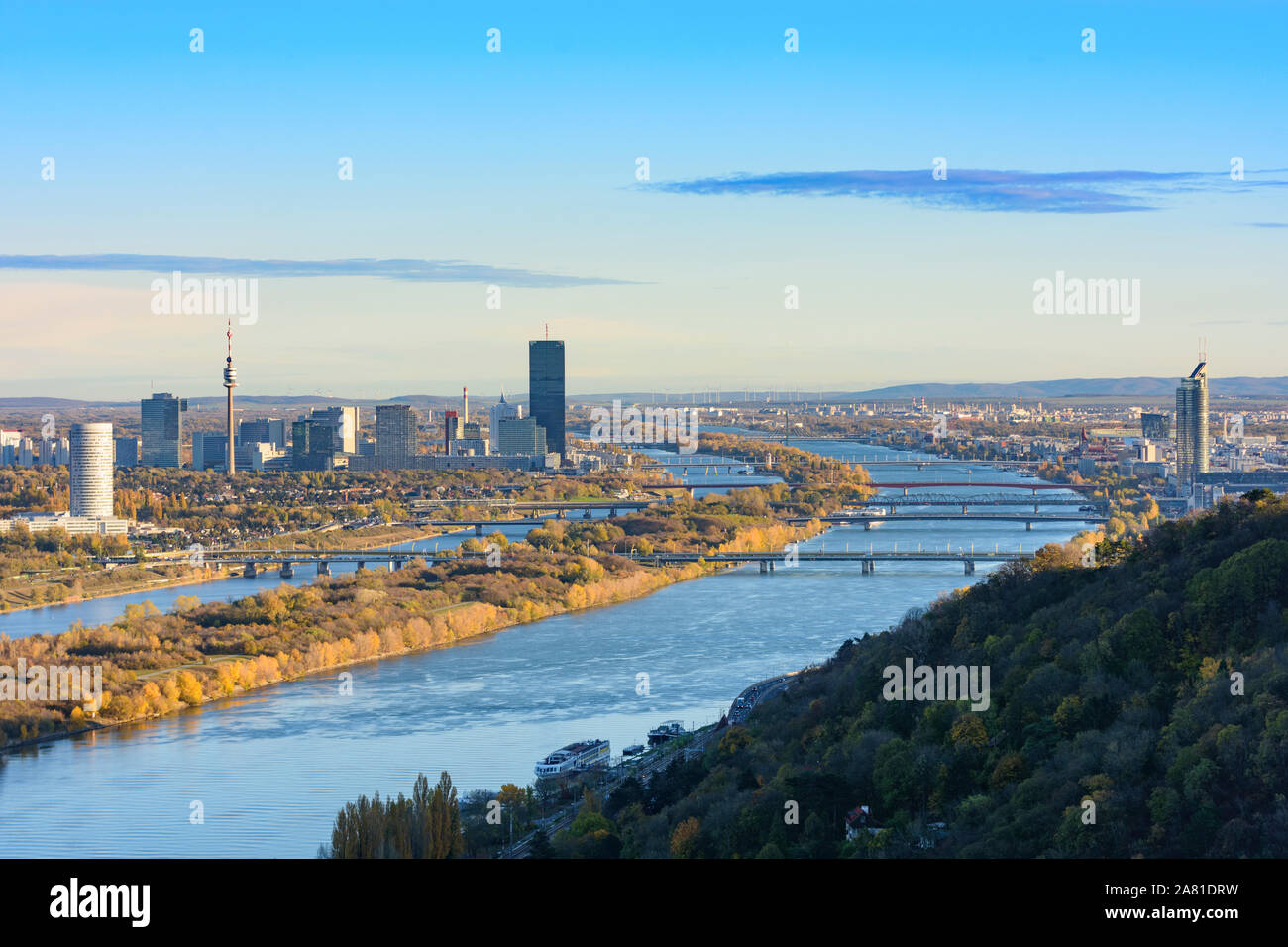 Wien, Vienna: view from mountain Leopoldsberg to Vienna city, Donaucity ...