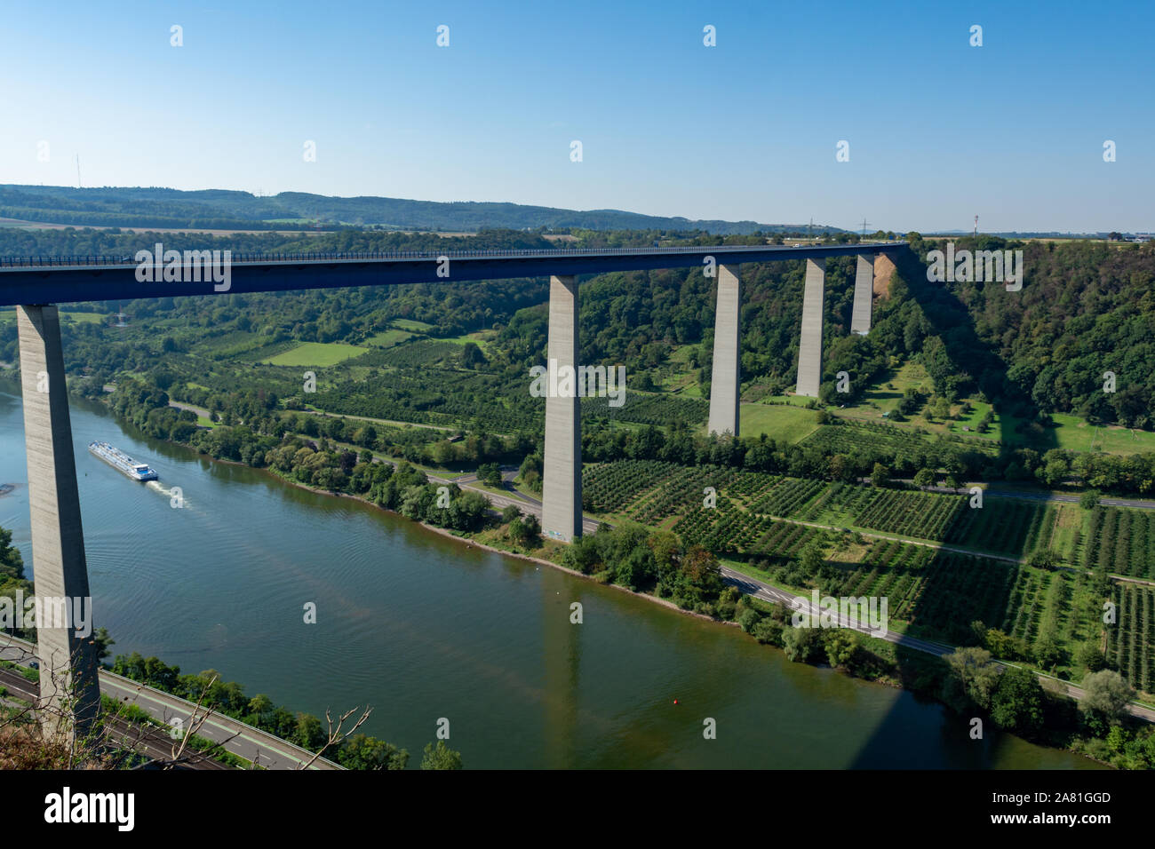 Panoramic view on high freeway viaduct bridge across Mosel river valley ...