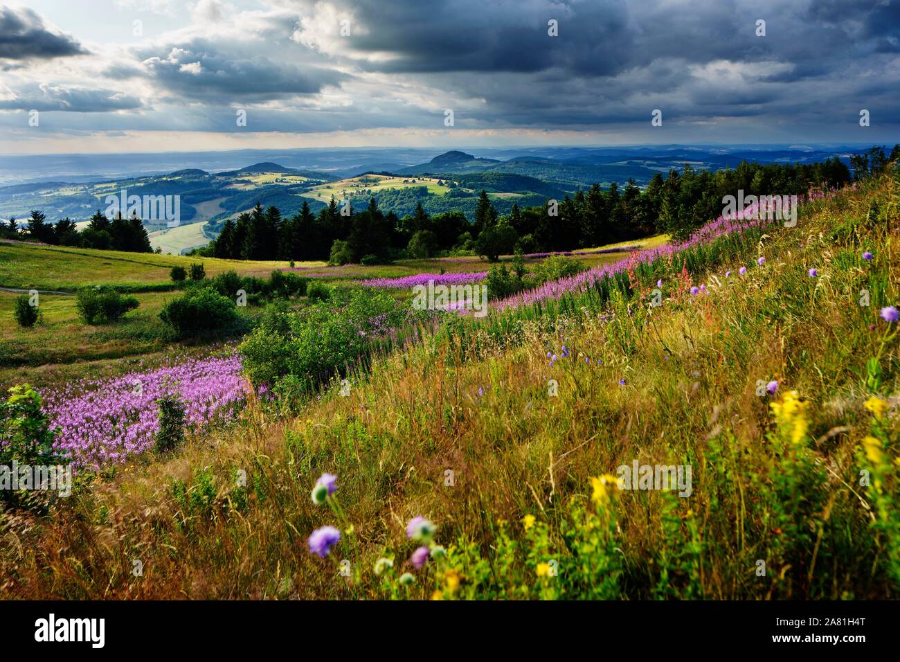 View from the Wasserkuppe to the hilly landscape at sunset, Hessian ...