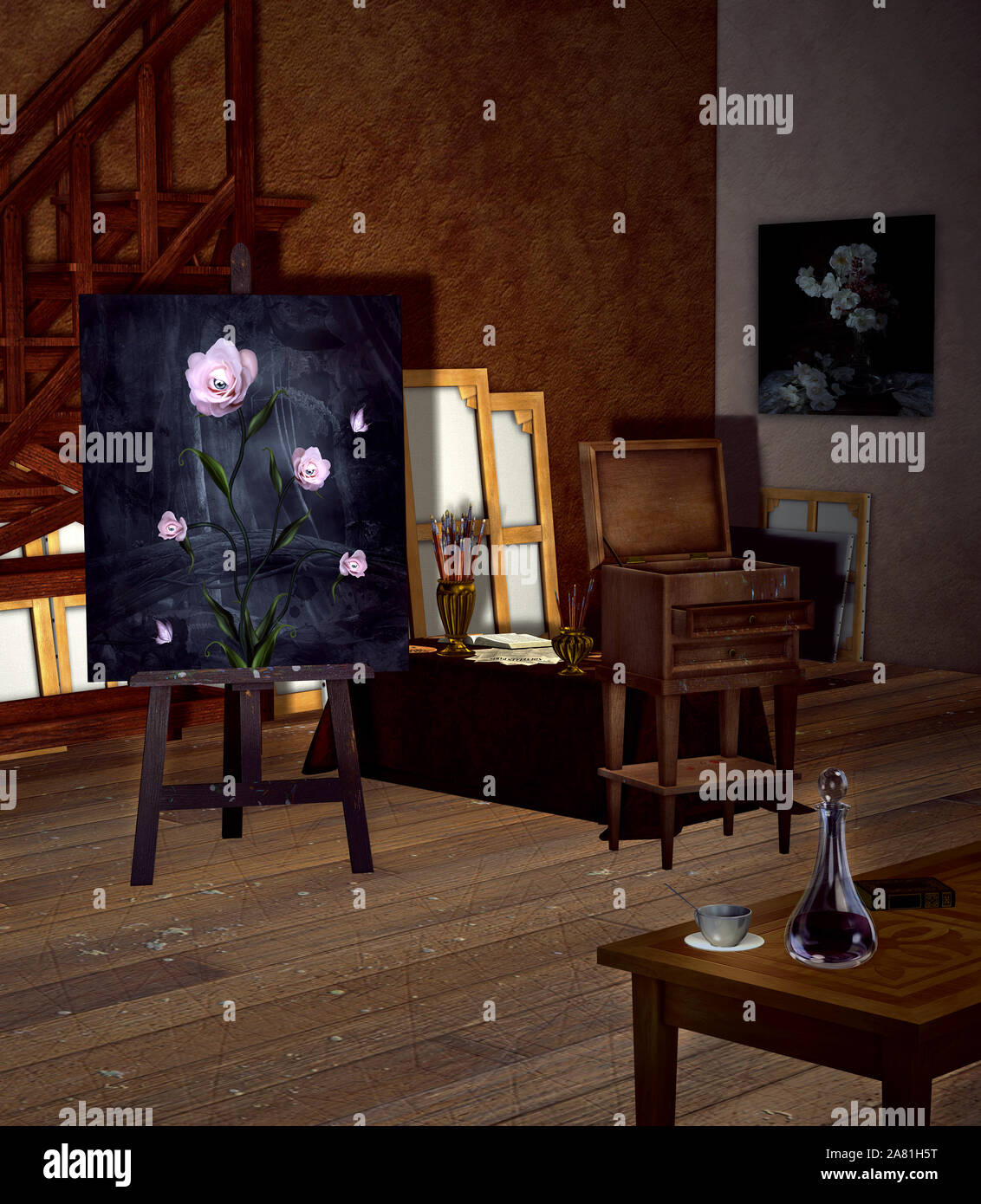 Painter secret place with a surreal canvas portraying roses on a black ...