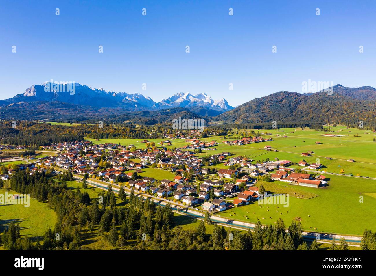 Municipality of Krun off Wetterstein range, aerial view, Werdenfelser ...