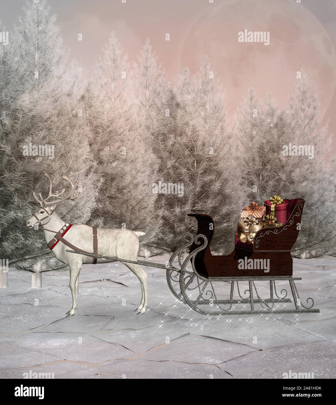 Christmas sledge and its white reindeer in a winter scenery Stock Photo ...