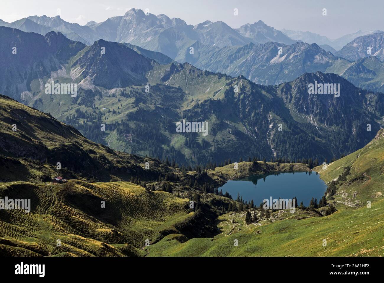 View of Lake Seealpsee and Allgau Alps, Nebelhorn, Oberstdorf ...