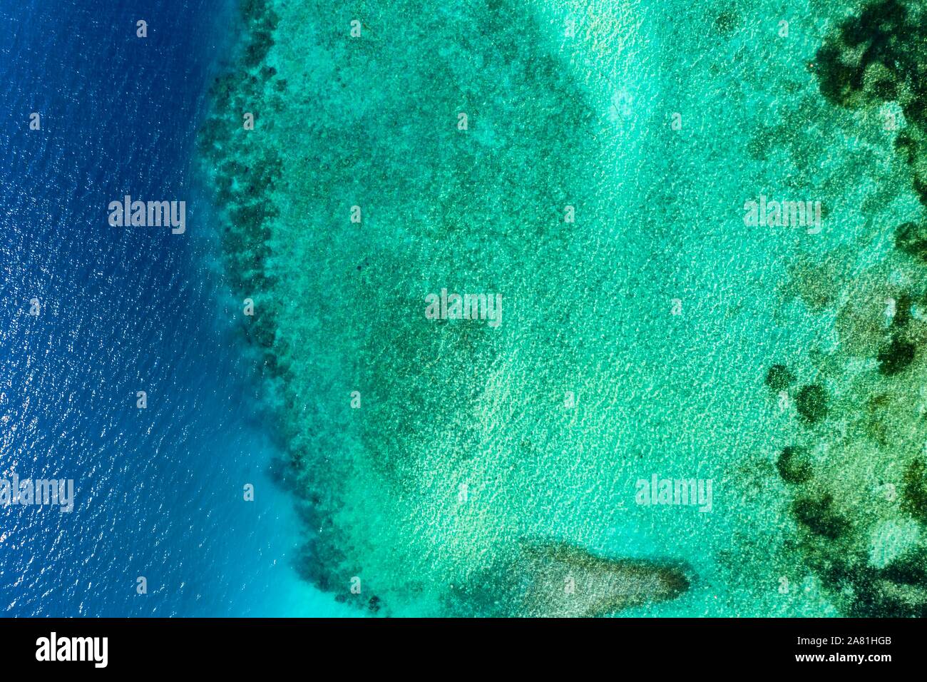Aerial view, lagoon of a Maldives island with corals from above, South ...