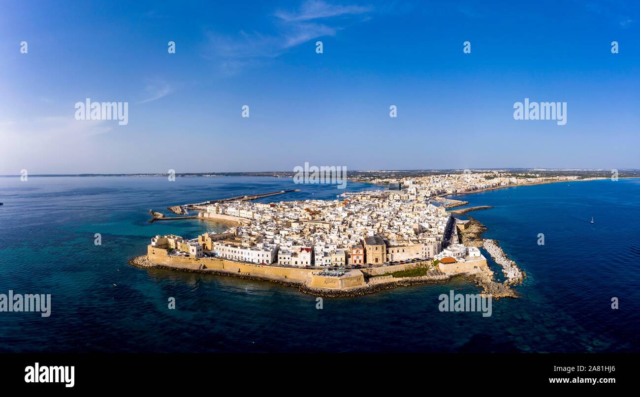 Aerial view, old town with fort, city wall and harbour, Gallipoli ...