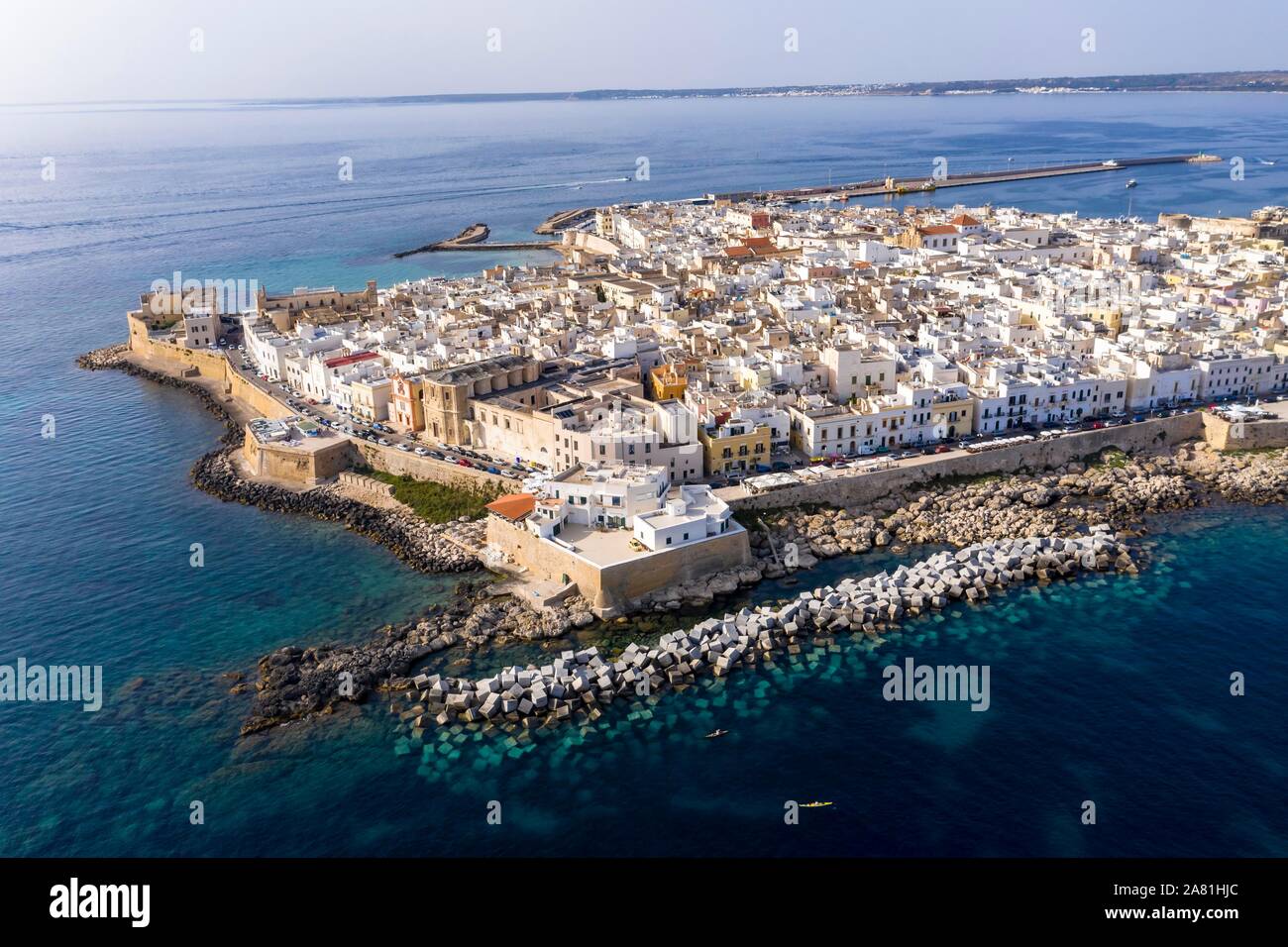 Aerial view, old town with fort, city wall and harbour, Gallipoli ...