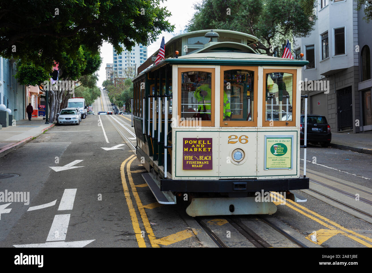 SAN FRANCISCO - February 08, 2019: Cable car on San Francisco streets ...