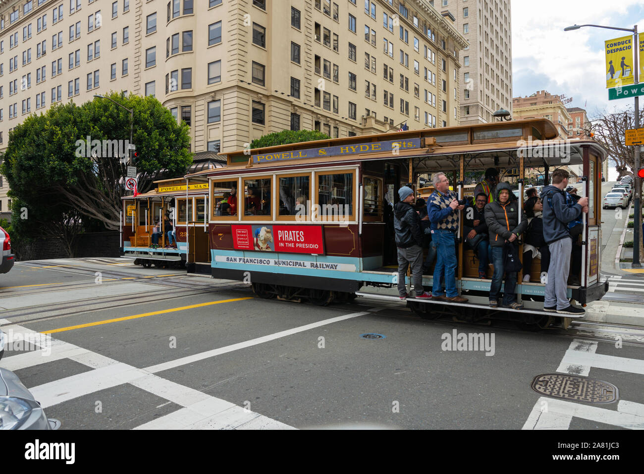 SAN FRANCISCO - February 08, 2019: Cable car on San Francisco streets ...