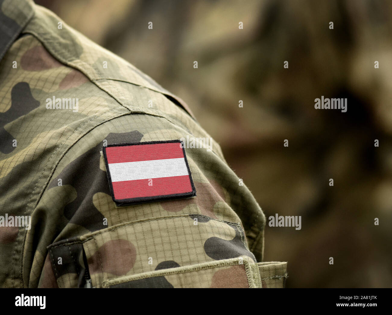 Flag of Austria on military uniform. Army, troops, soldiers. Collage ...