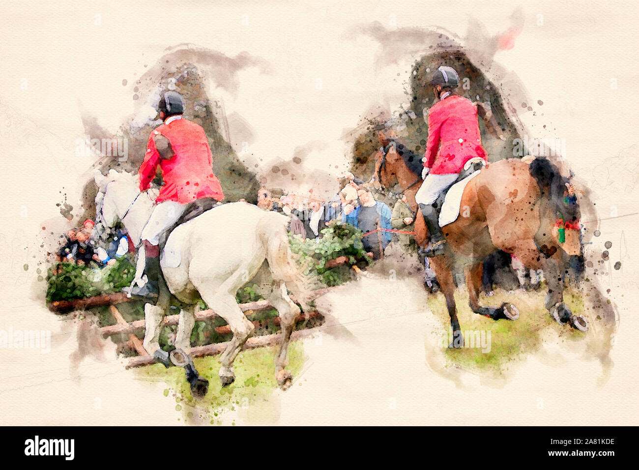 Watercolor painting of riders in red uniforms jumping a log fence at a ...