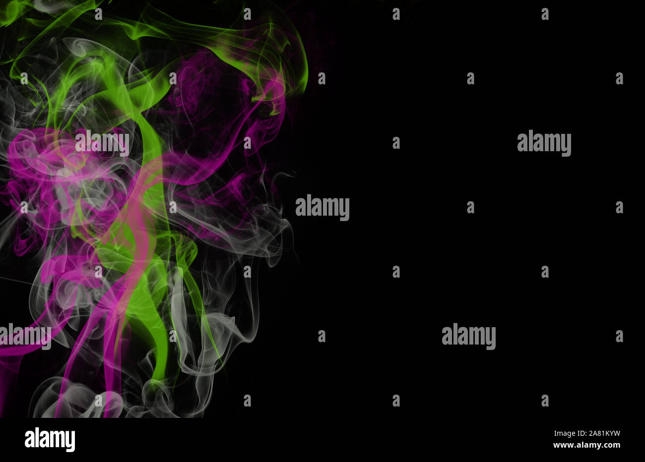 Colorful acid neon green and neon purple smoke on black background with ...