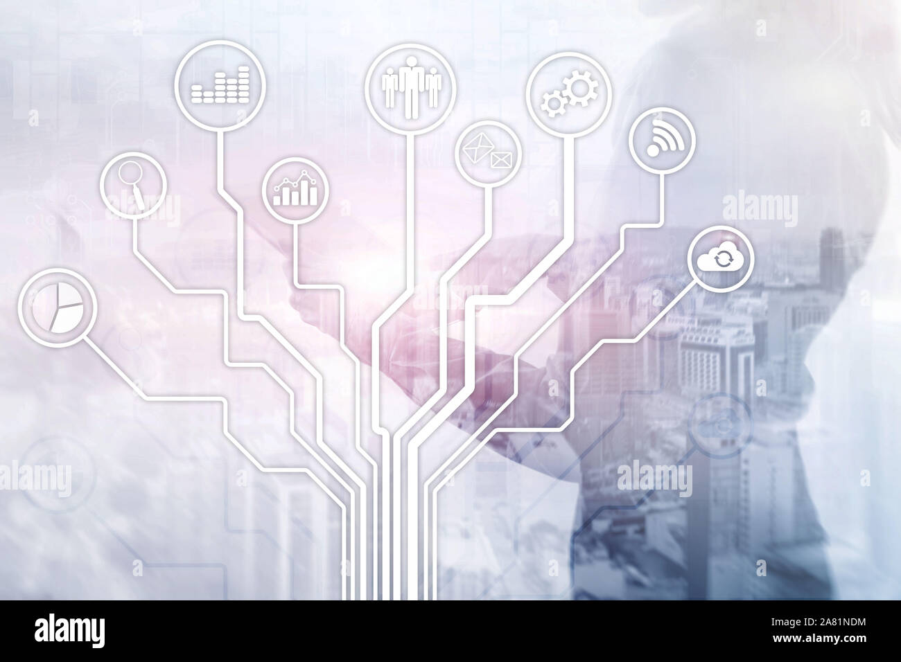 Business applications icons on blurred background. Financial and ...