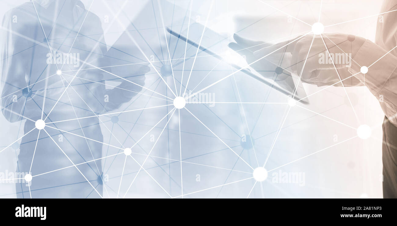 Blockchain network on blurred skyscrapers background. Financial ...