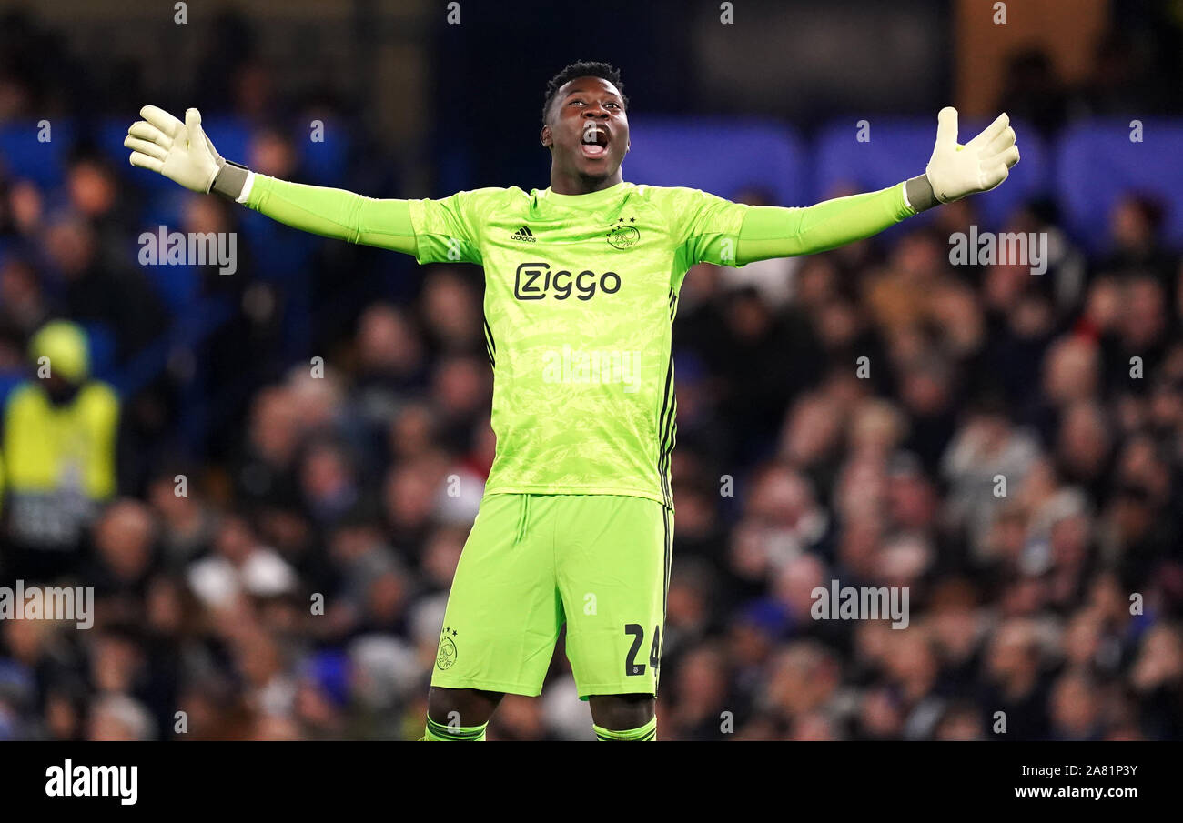 Ajax goalkeeper Andre Onana celebrates after Chelsea goalkeeper Kepa ...