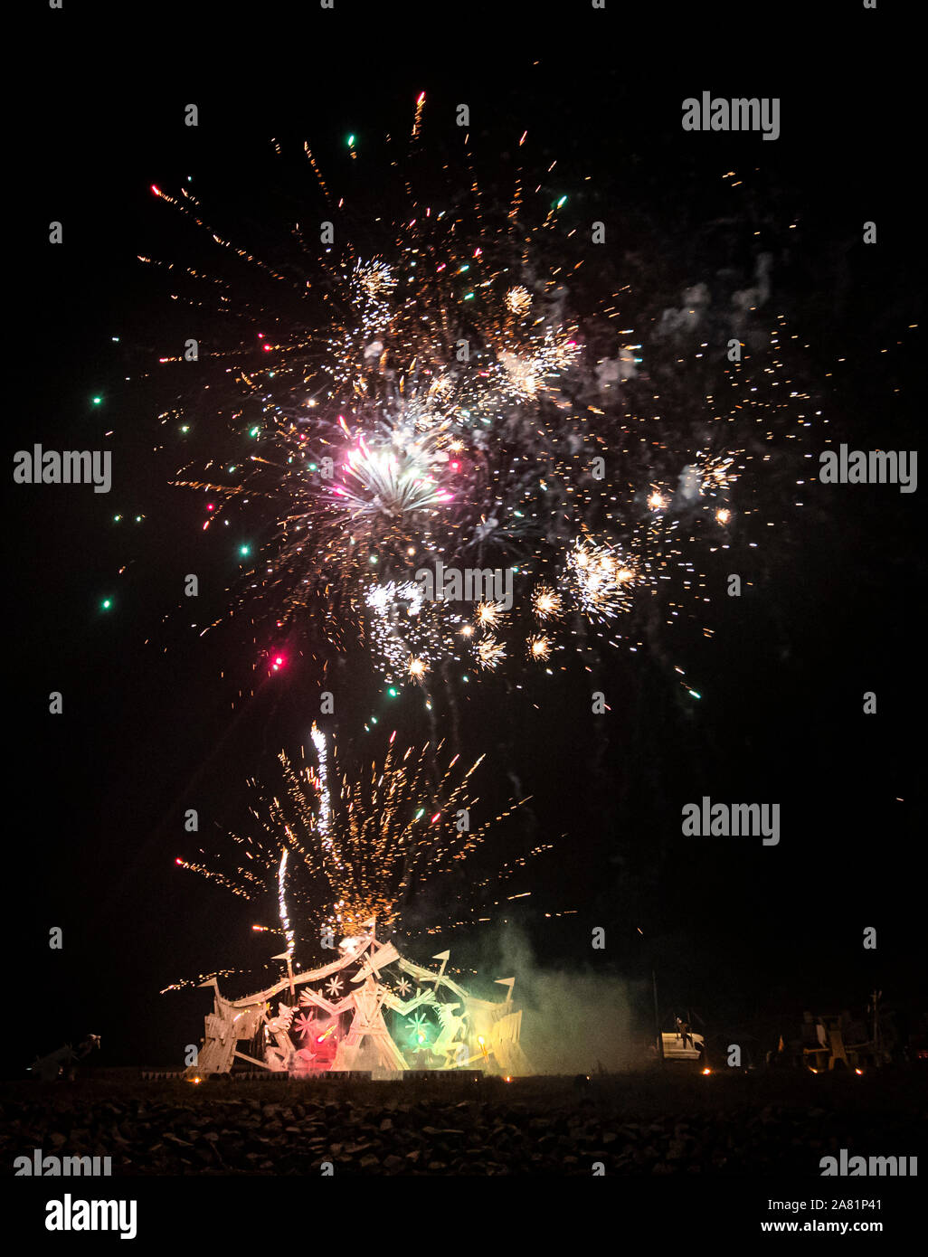 A fireworks display takes place ahead of a "Greatest Showman" themed ...