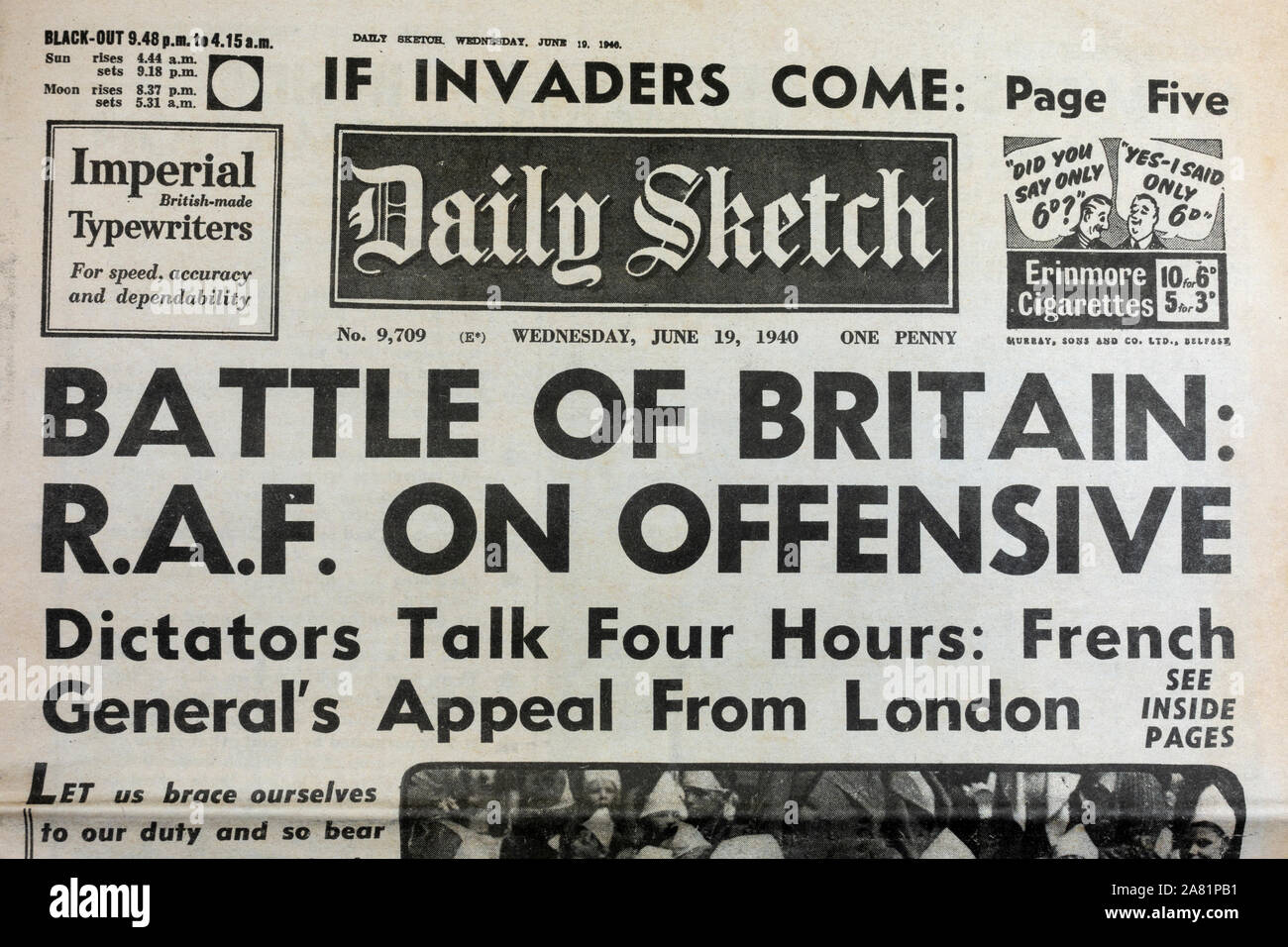 Replica newspaper during the Battle of Britain: Front page of the Daily ...