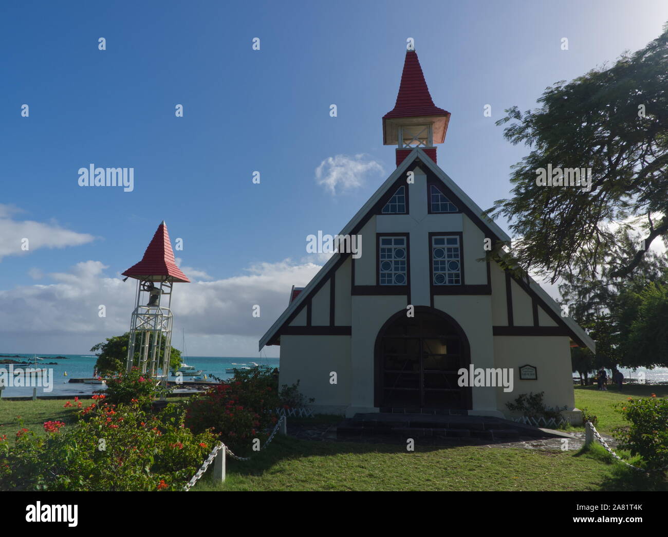 Cap Malheureux Catholic Church in Mauritius with blue lagoon in ...
