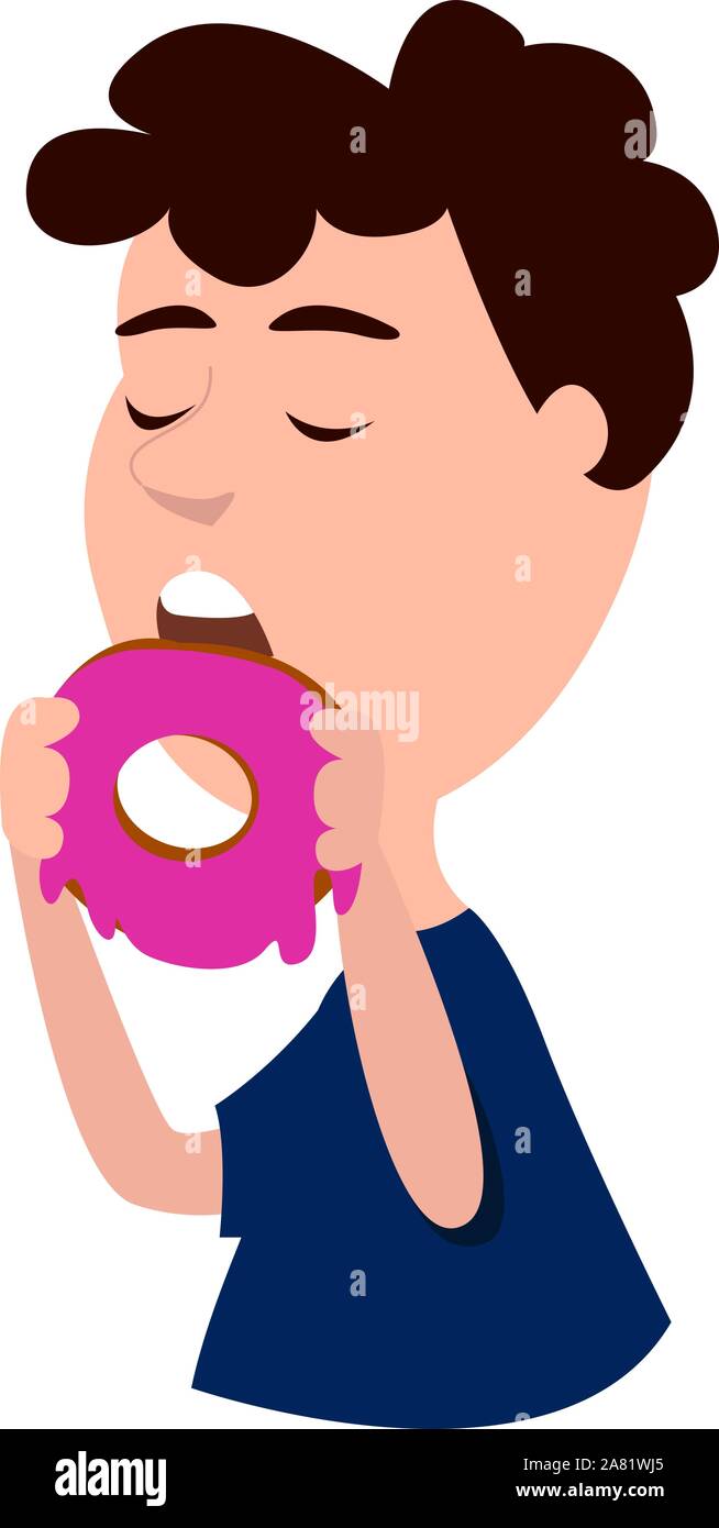 Boy eating donut, illustration, vector on white background Stock Vector ...