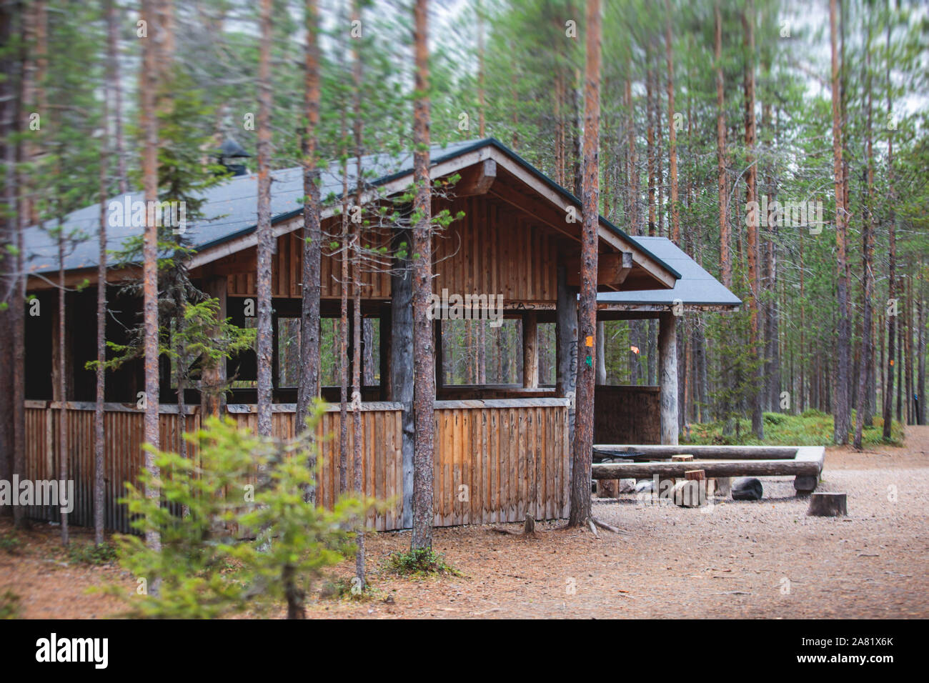 View of finnish National park Oulanka with wooden wilderness hut, cabin ...