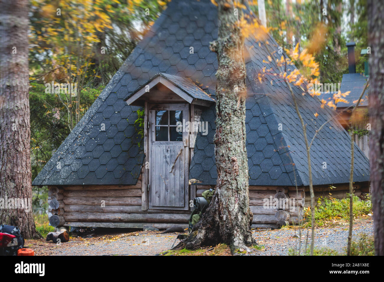 View of finnish National park Oulanka with wooden wilderness hut, cabin ...