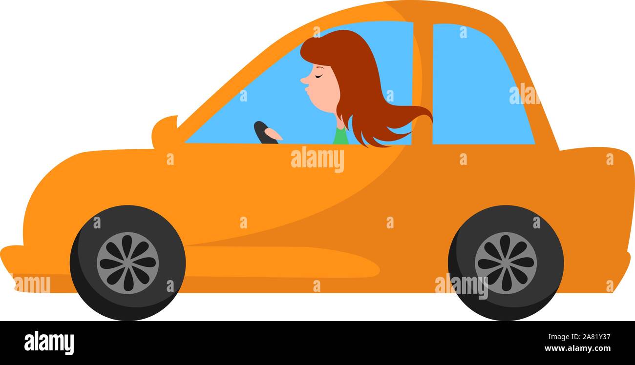 Girl driving car, illustration, vector on white background Stock Vector ...