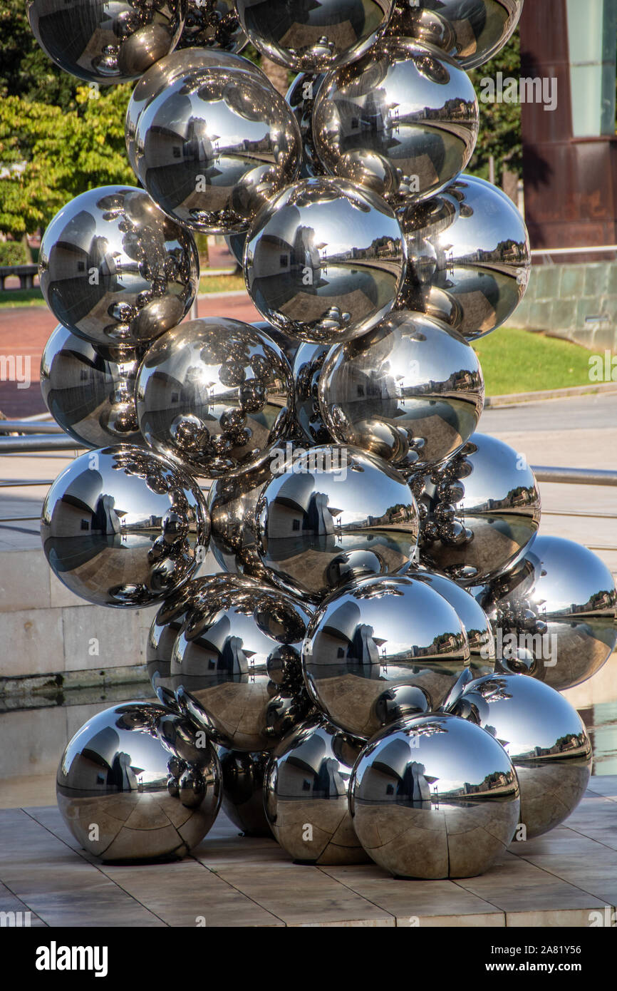 At BILBAO, SPAIN - On August 2019 - Sculpture 80 Balls Stainless steel ...
