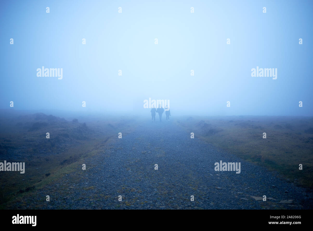 Three people walking into the fog Stock Photo - Alamy
