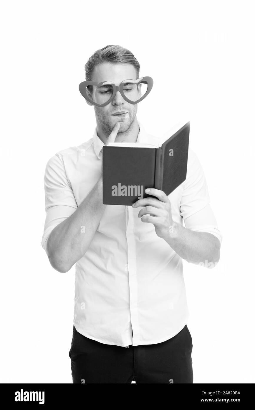 Man with book. Study hard. Self improvement literature. University ...