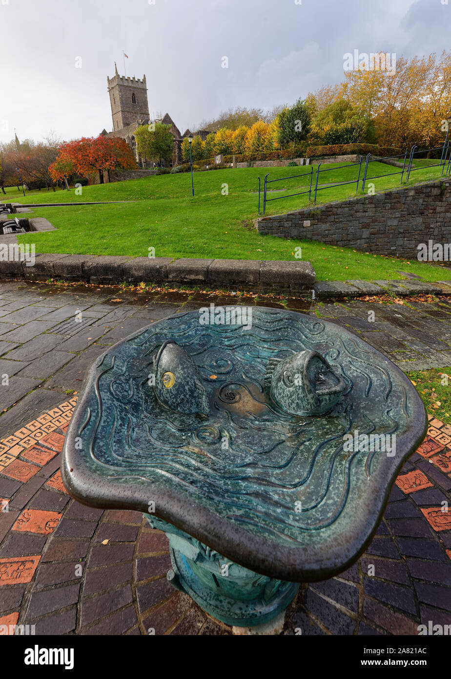 Fish Fountain by Kate Malone with St Peter's Church, Castle Park ...