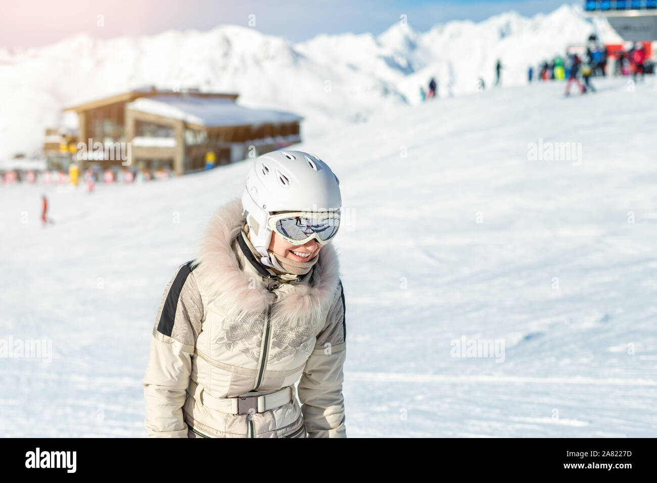 Portrait of young adult beautiful happy caucasian woman smiling near ...