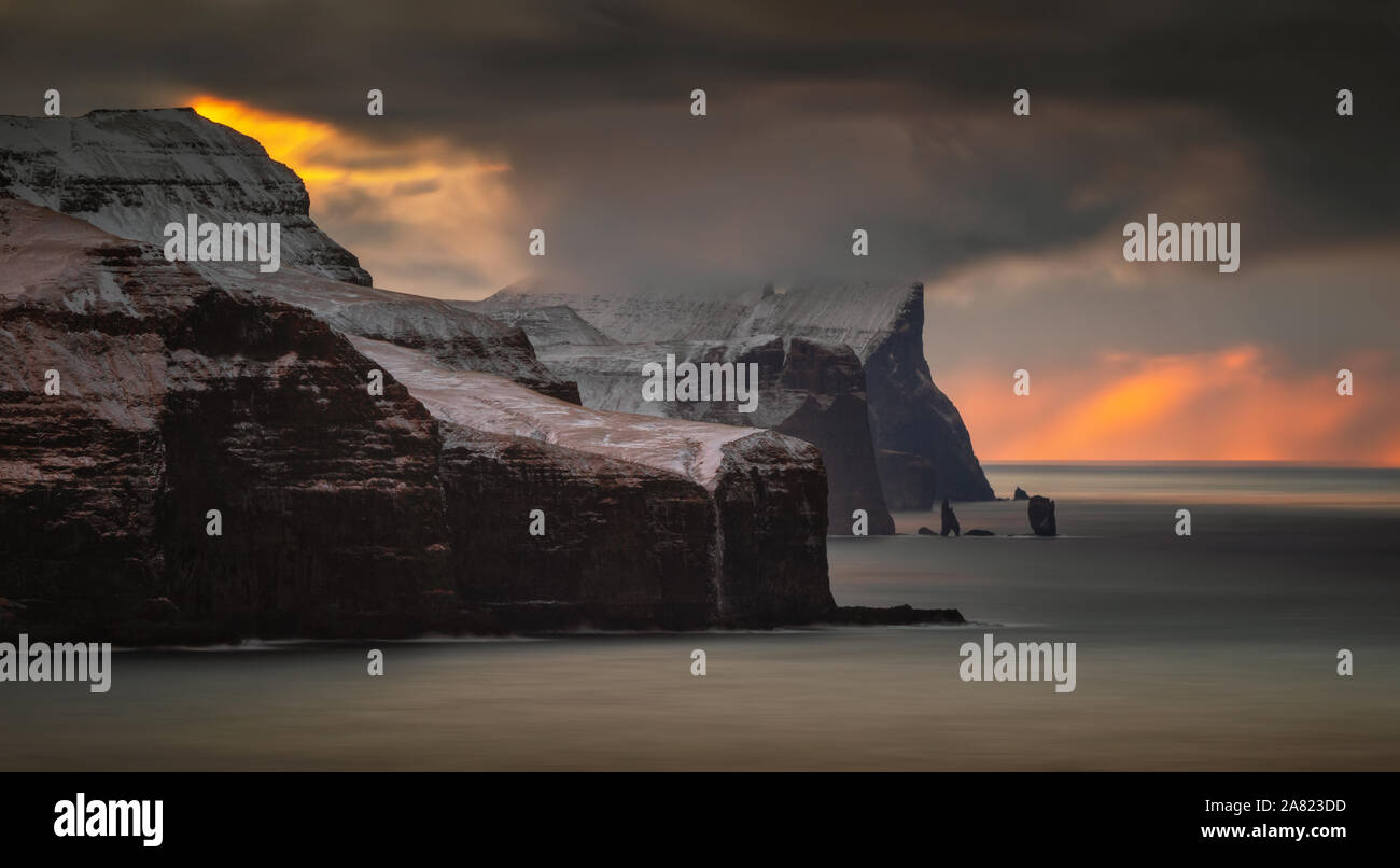 Streymoy and Eysturoy cliffs in sunset light, Faroe Islands Stock Photo ...