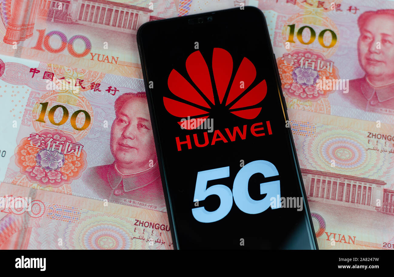 Concept photo for 5G network in China. Huawei 5G logo on a smartphone ...